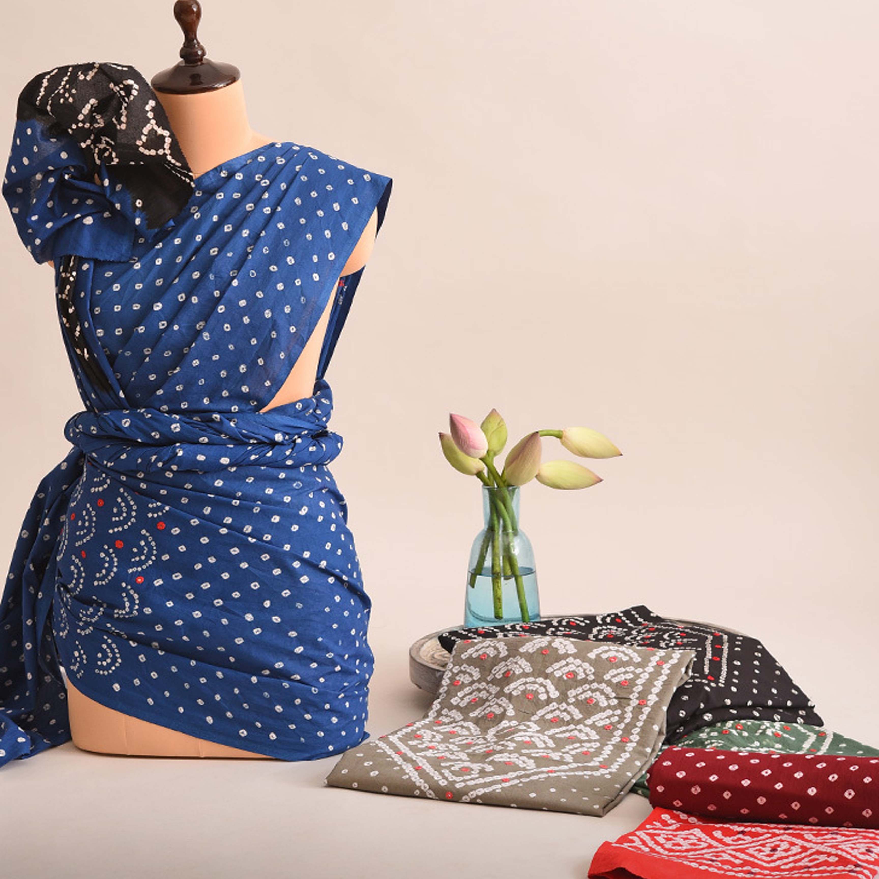 Shop Handcrafted Pink Grey Bandhani Cotton Kurta Fabric With Dupatta ...